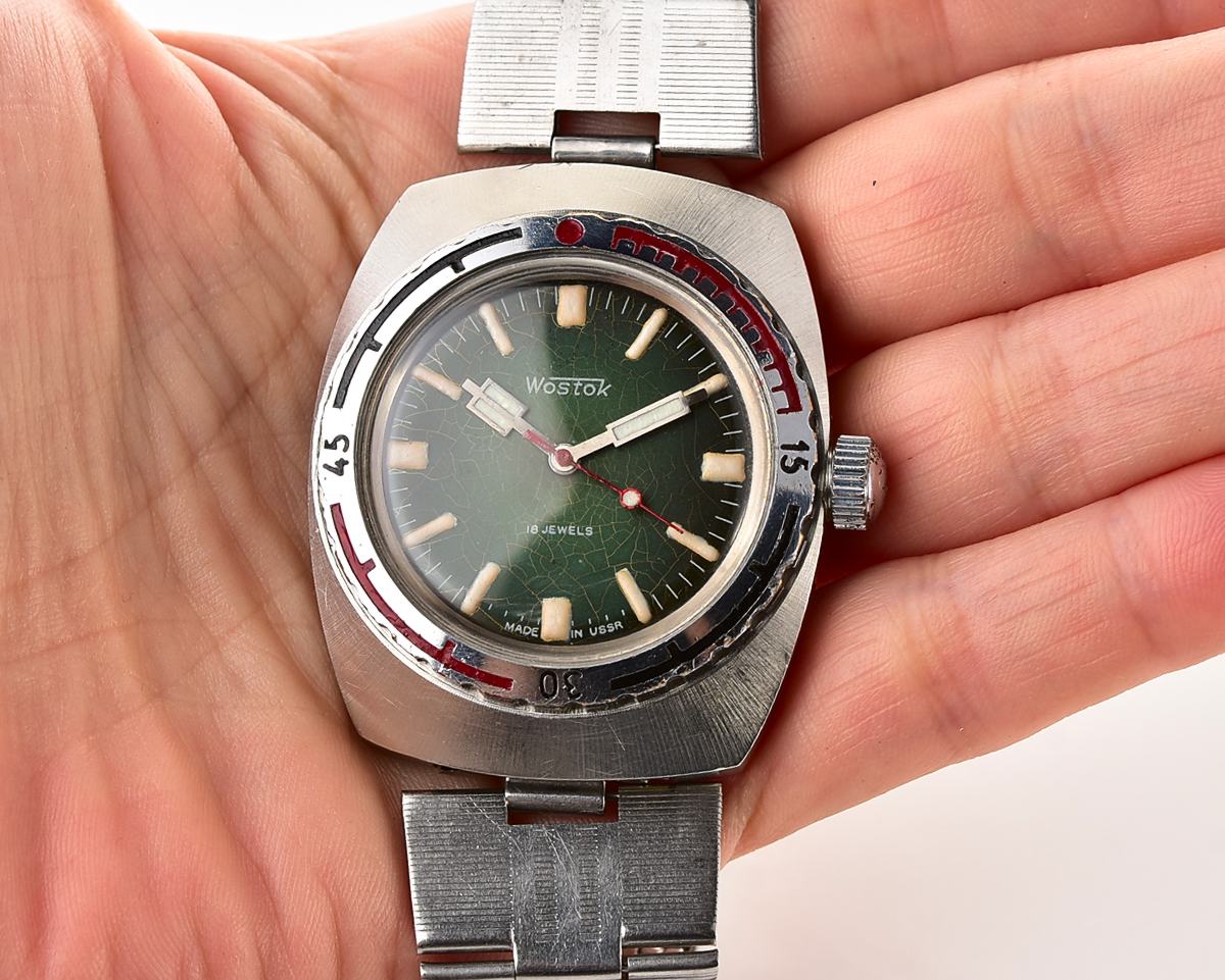 Soviet Vostok Amphibia watch, stainless steel tonneau case & Ф-shaped ...